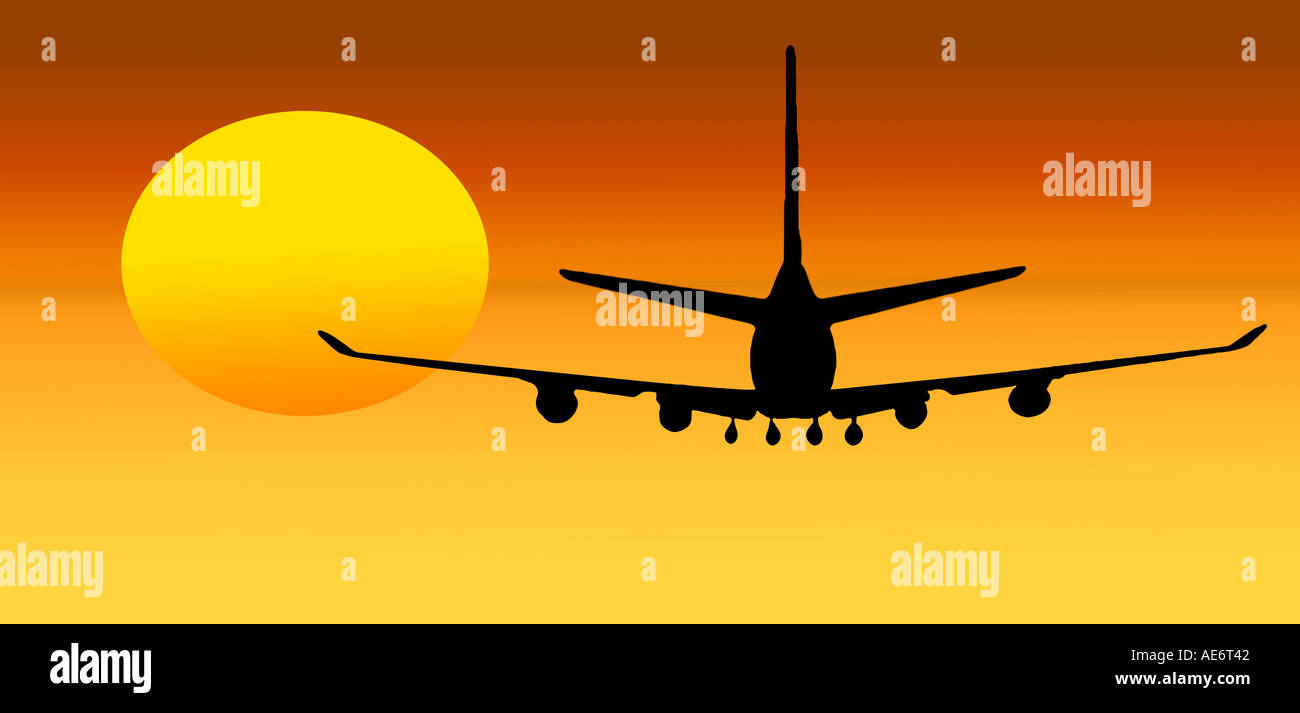 Conceptual digital images showing aeroplane with sun and red yellow ...
