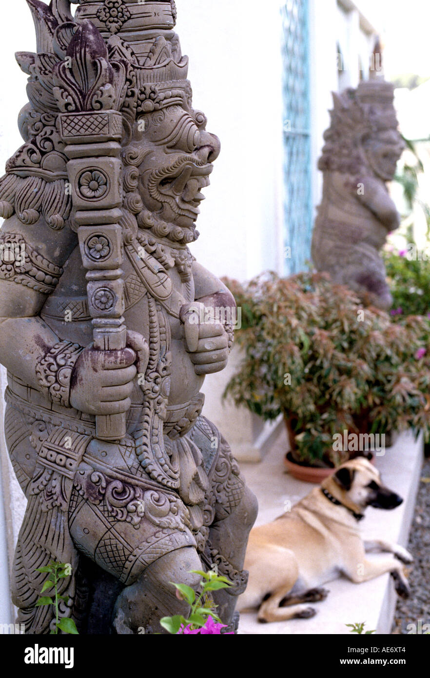 Indonesian statue with a dog resting in the background Stock Photo - Alamy