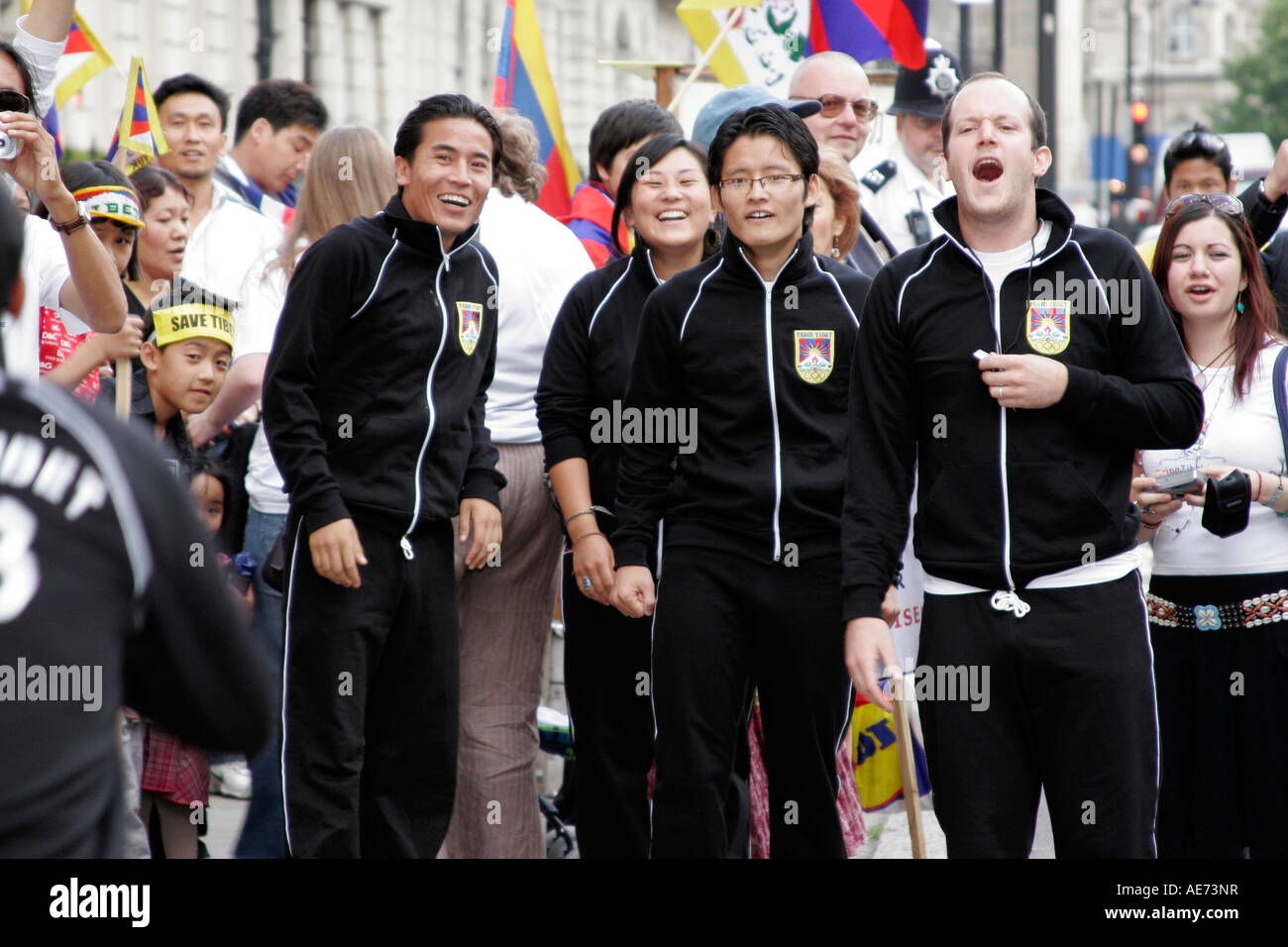 Team Tibet warming up outside the Chinese Embassy in London Stock Photo ...