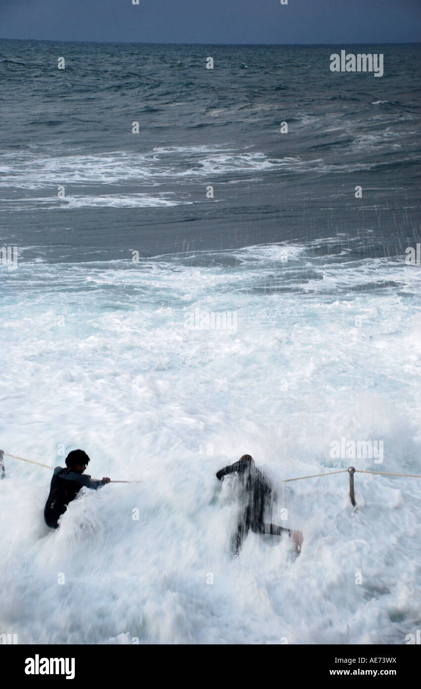 YOUNG MEN BOYS FIGHTING WAVES SURF OCEAN POOL BONDI BEACH SYDNEY ...