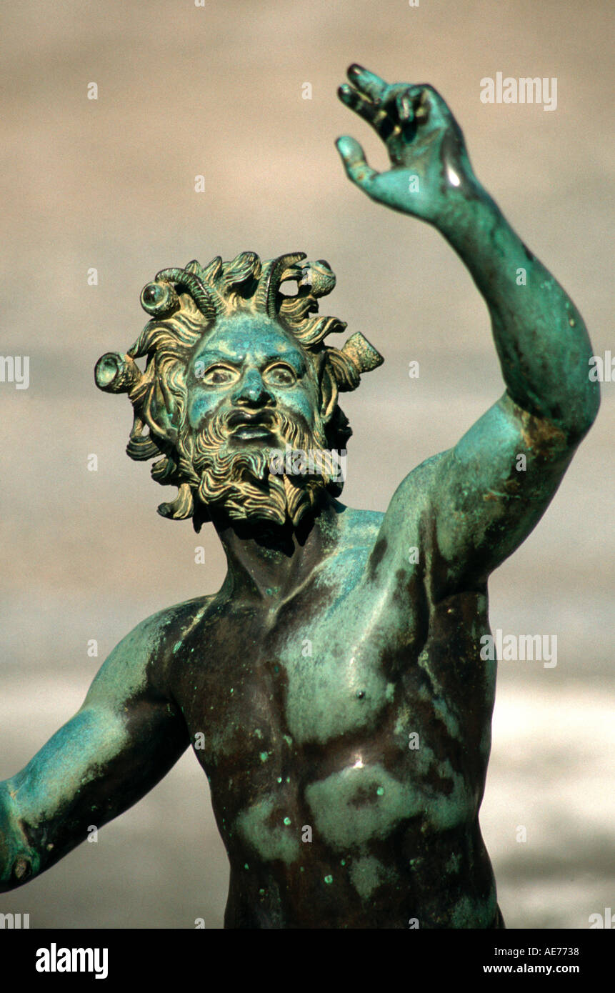 close up of the dancing Faun a bronze figure at the excavation site of ...