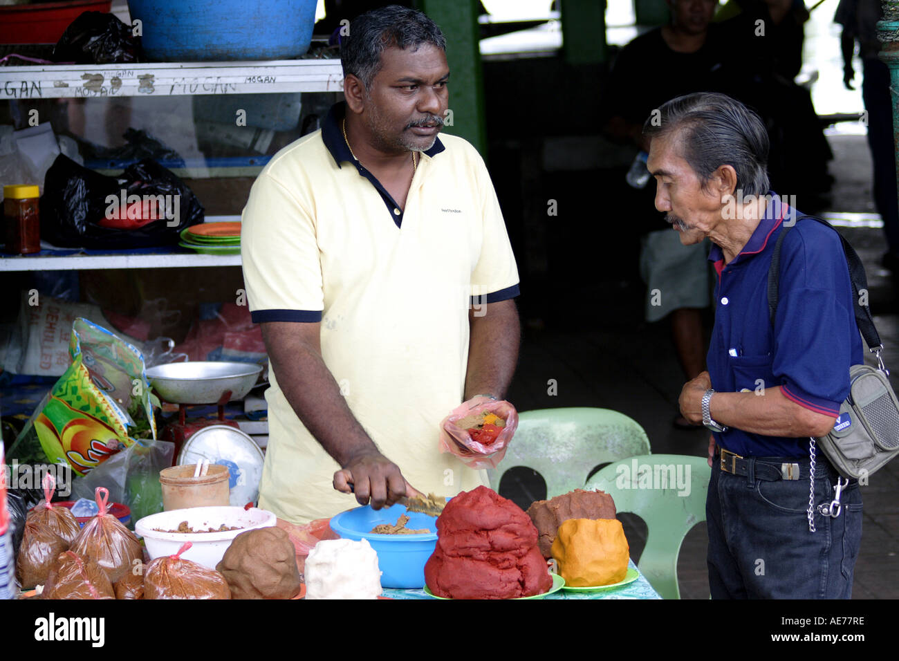 Indian Man Selling Various Curries in the Wet Market, Kuching, Sarawak ...
