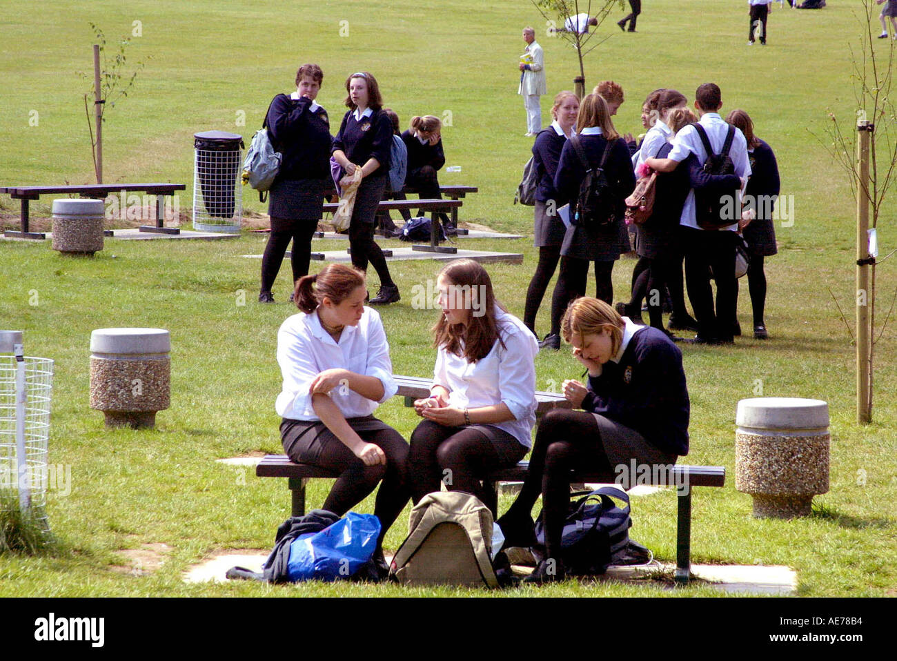 Secondary school girls talking sitting on bench Stock Photo - Alamy
