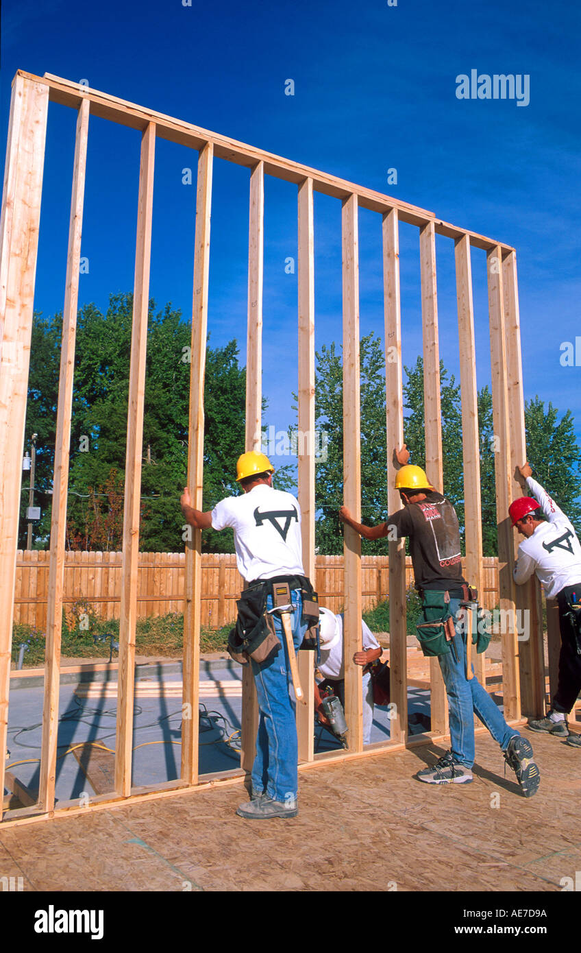 Carpenters lifting stud wall into place Stock Photo - Alamy
