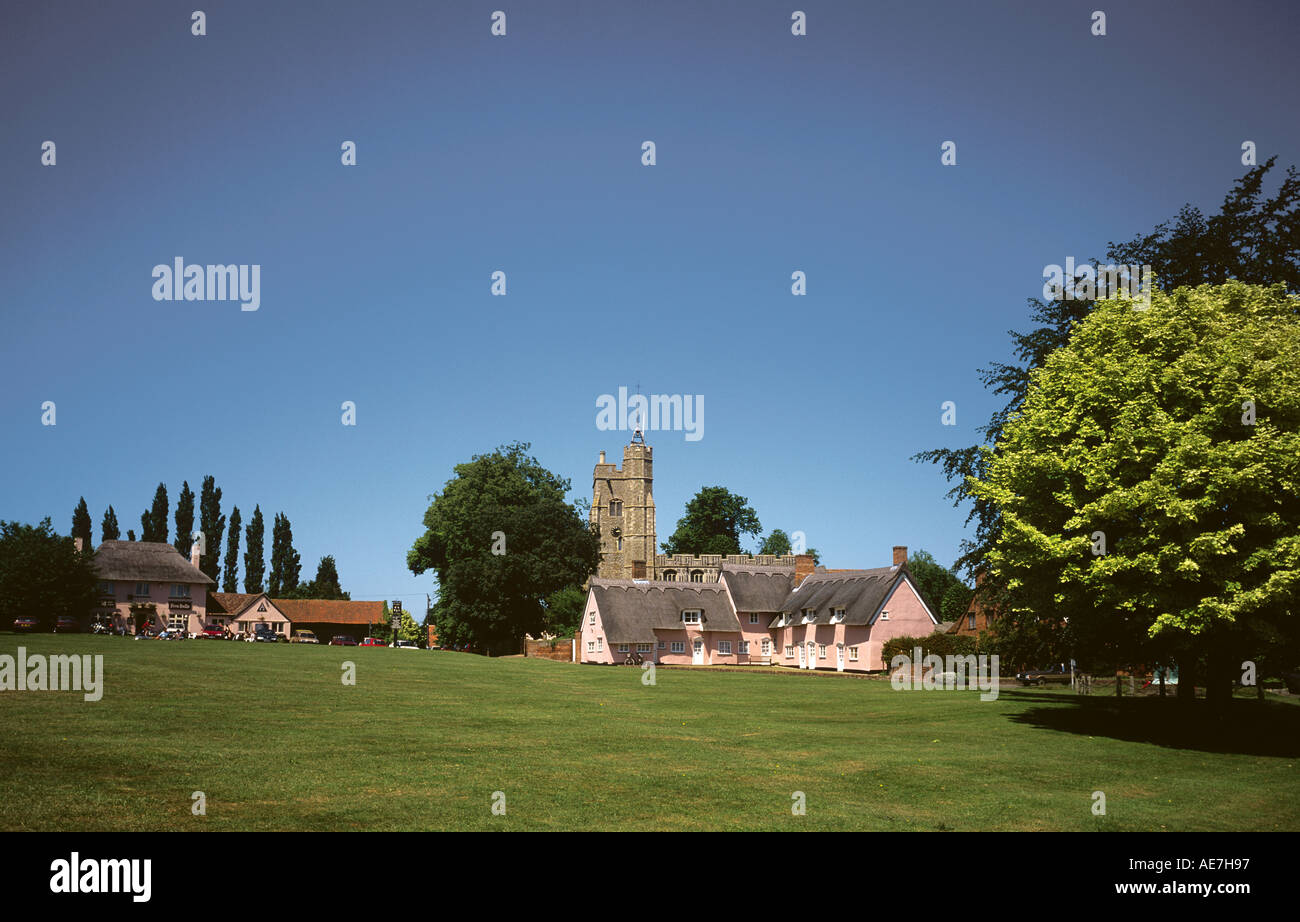 Pink thatched cottage Church of St Mary Five Bells Pub and the village ...