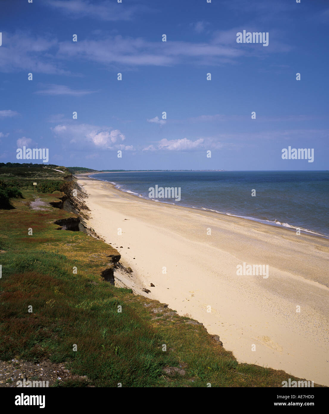 Clean sandy beach below the receding cliffs of Dunwich Heath Cliff top ...