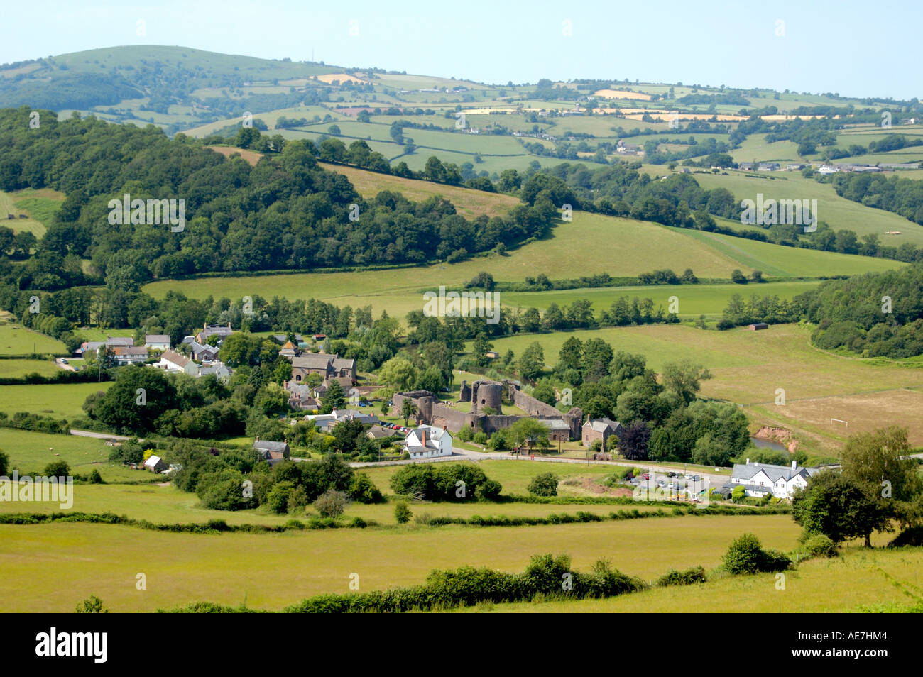View over the village of Skenfrith on banks of River Monnow ...