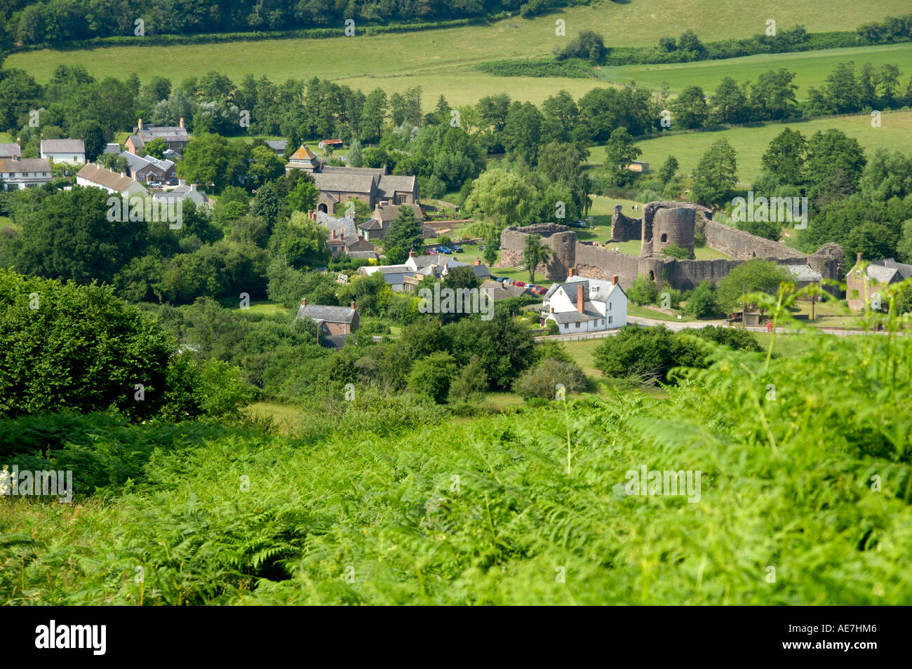 View over the village of Skenfrith on banks of River Monnow ...