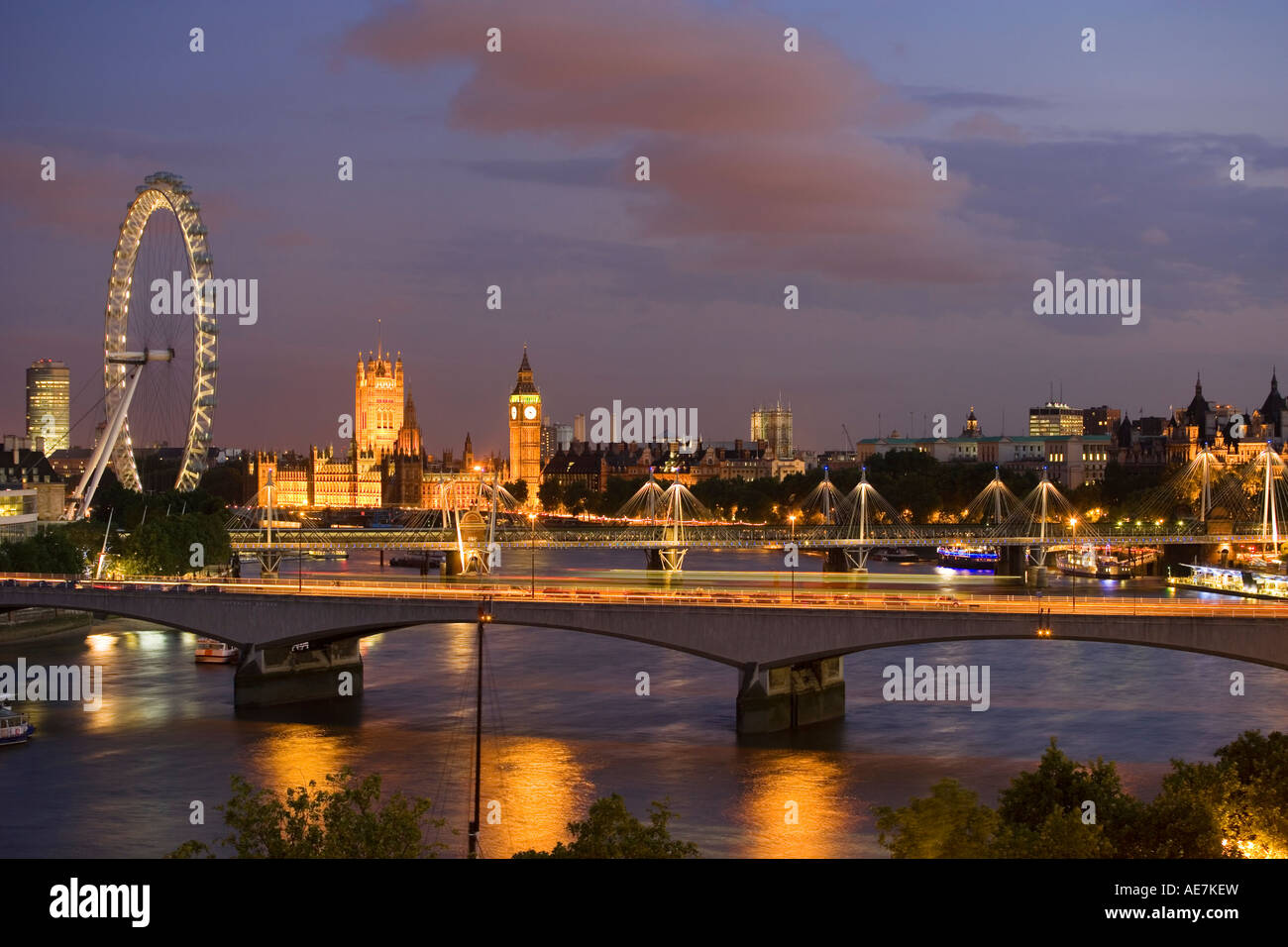 UK London view over river Thames to the London eye and Big Ben Stock ...