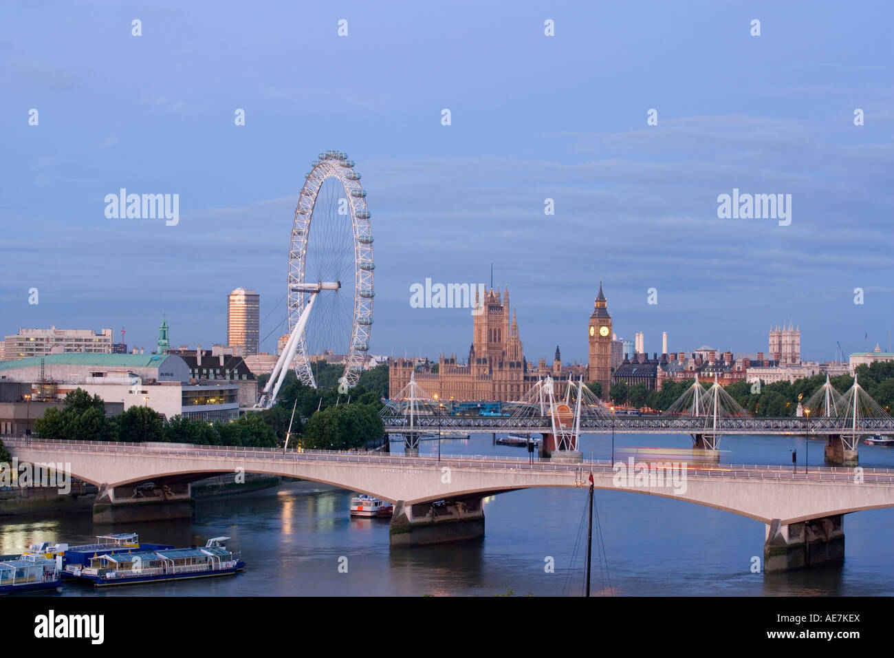 UK London view over river Thames to the London eye and Big Ben Stock ...