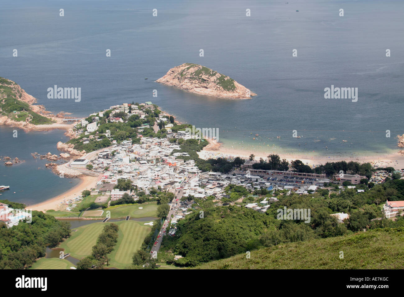 Shek O Village and Main beach on bright sunny day aerial view from ...