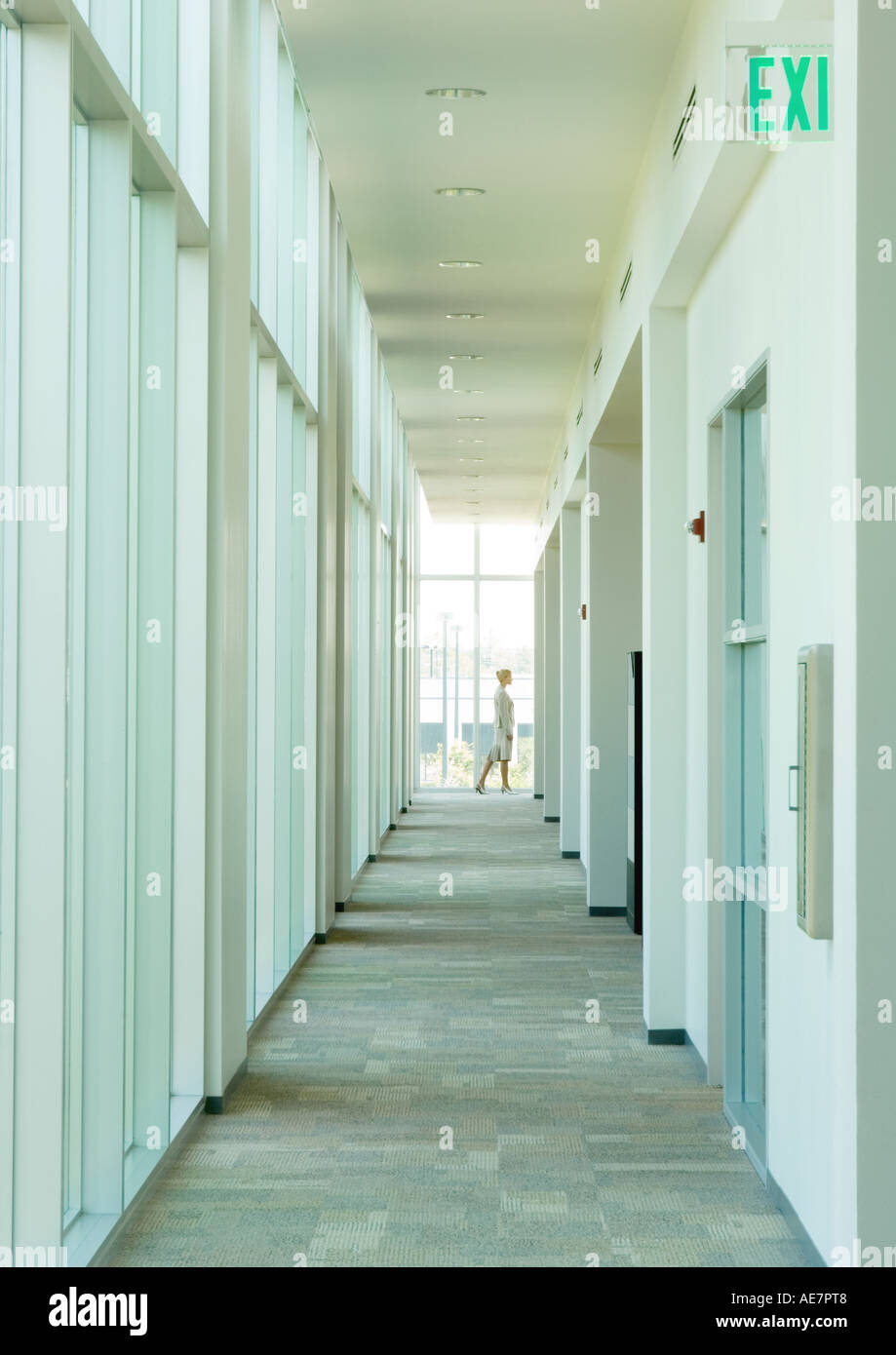 Businesswoman in distance at end of corridor in office building Stock ...