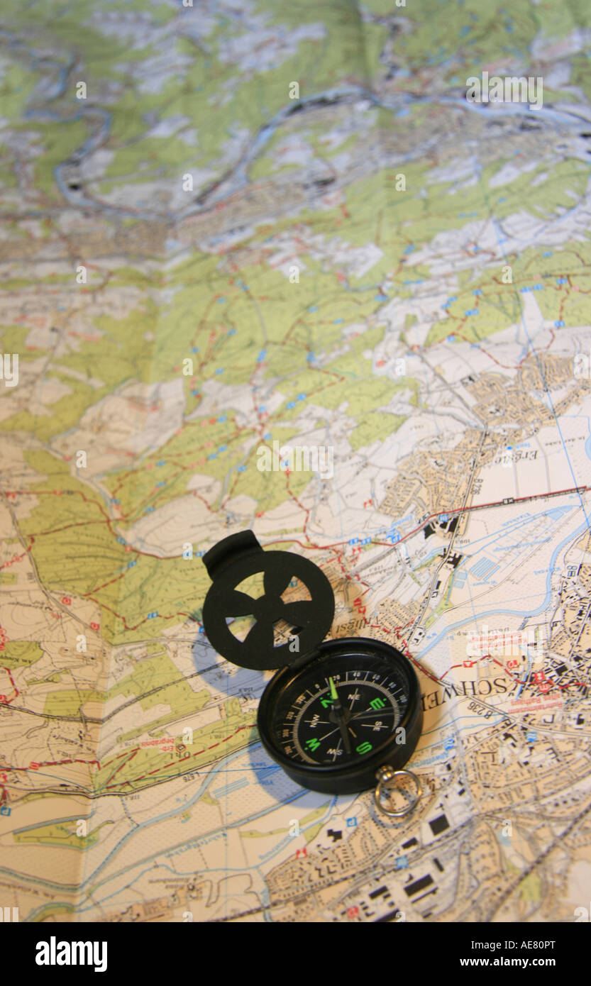 compass on a mapof walks, Germany Stock Photo - Alamy
