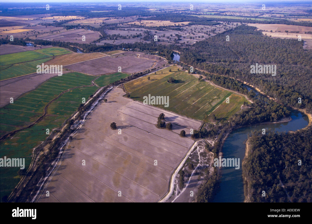 Murray River and irrigated farmland Australia, horizontal Stock Photo ...