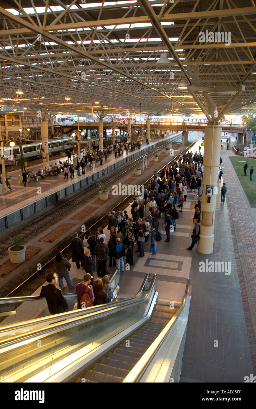 Escalator and commuters, Perth Railway Station, Western Australia Stock ...