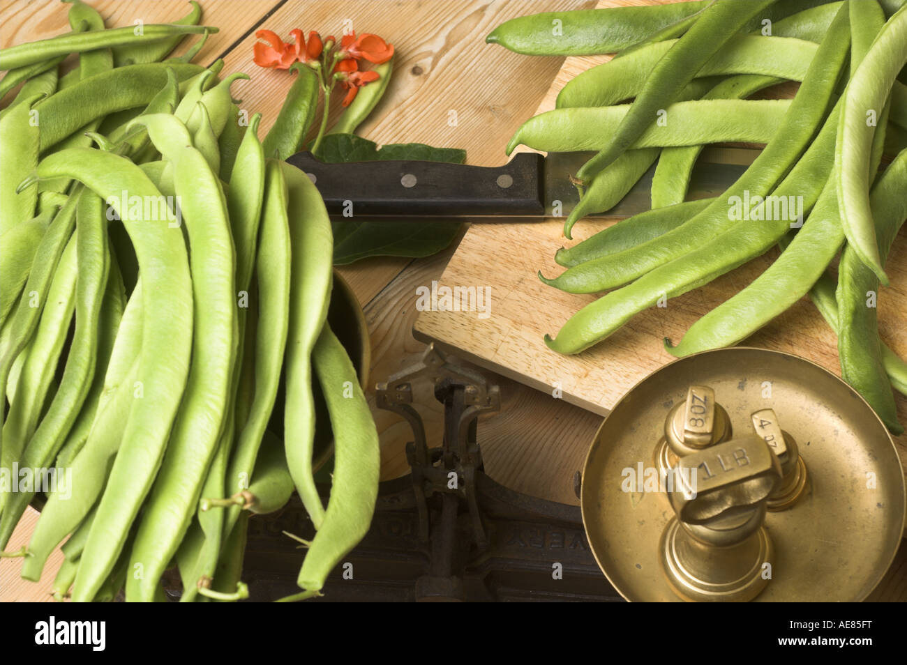 Home grown runner beans in a traditional country kitchen with rustic ...