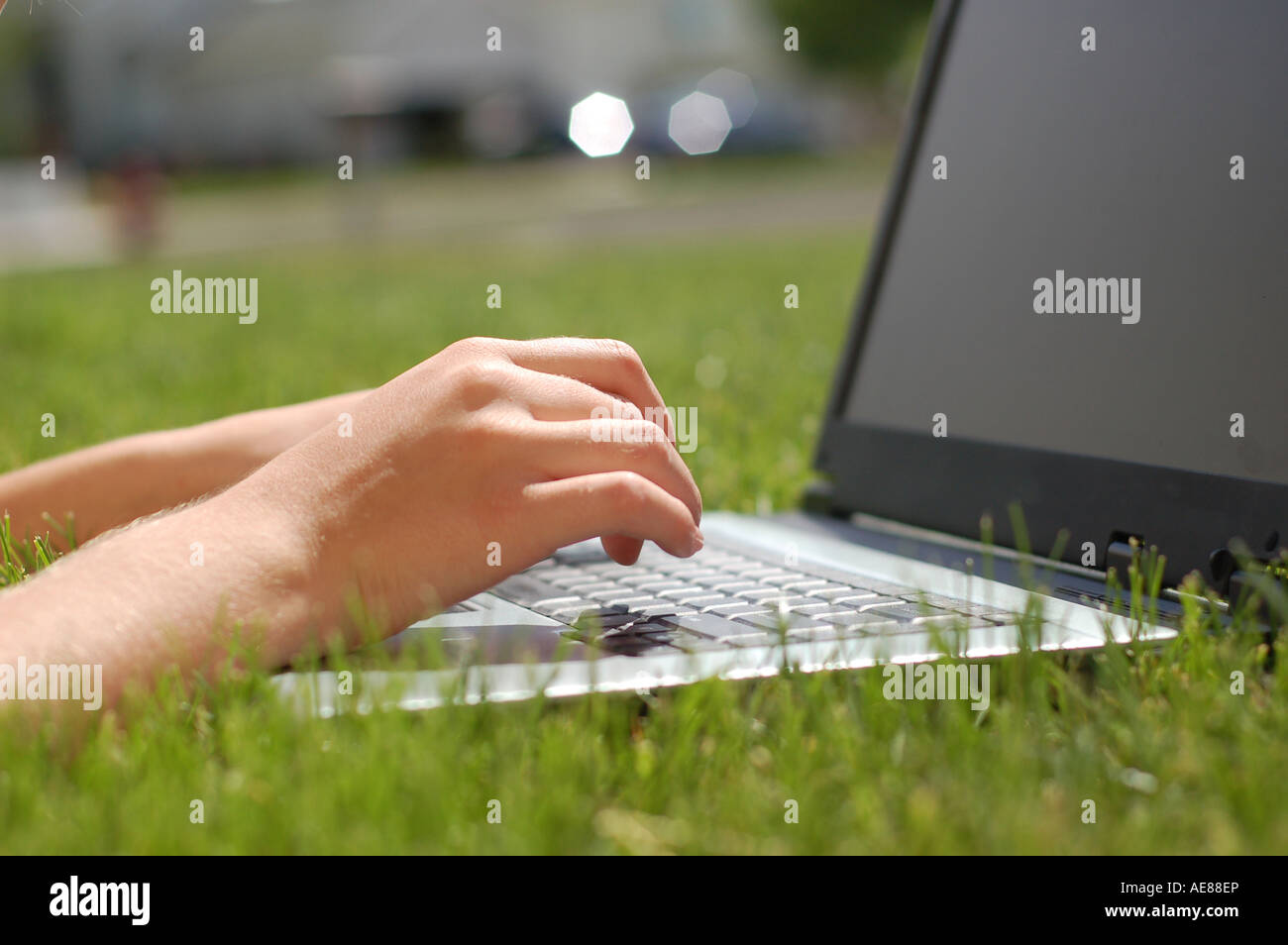 Laptop Computer in the Lawn Stock Photo - Alamy