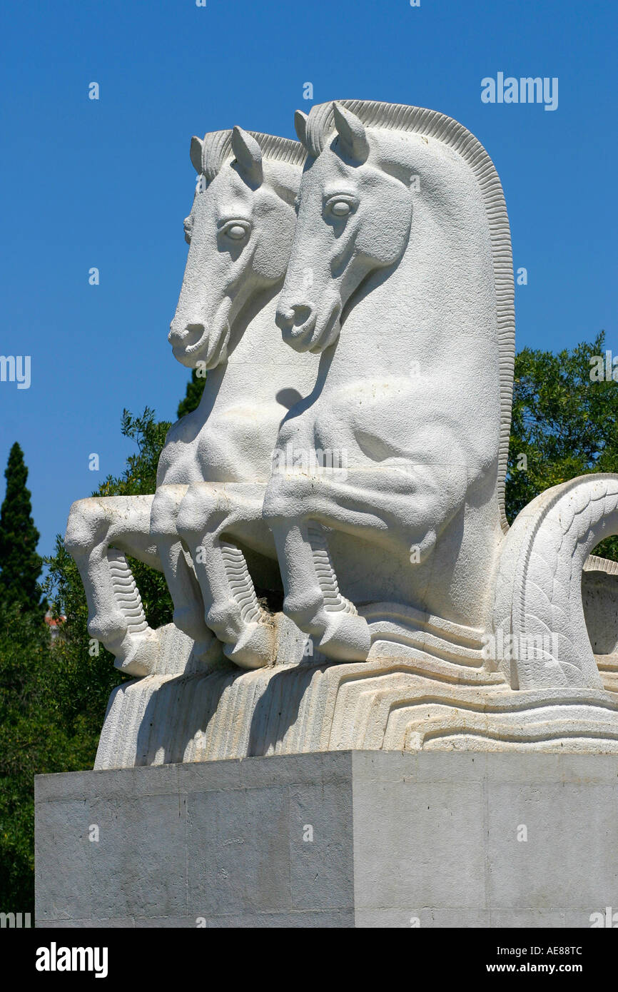 Belem horse statues, at the Discoveries, Lisbon, Portugal Stock Photo ...