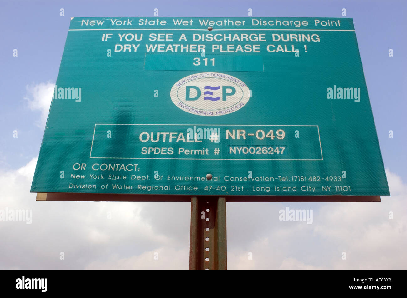 A NYC Department of Environmental Protection discharge warning sign ...