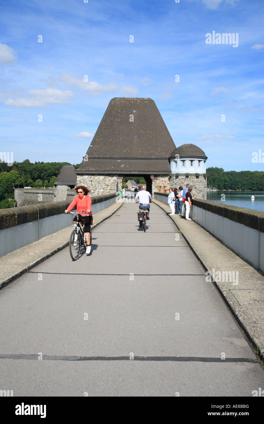biker on top of mohne reservoir dam mohnesee soest northrhine ...