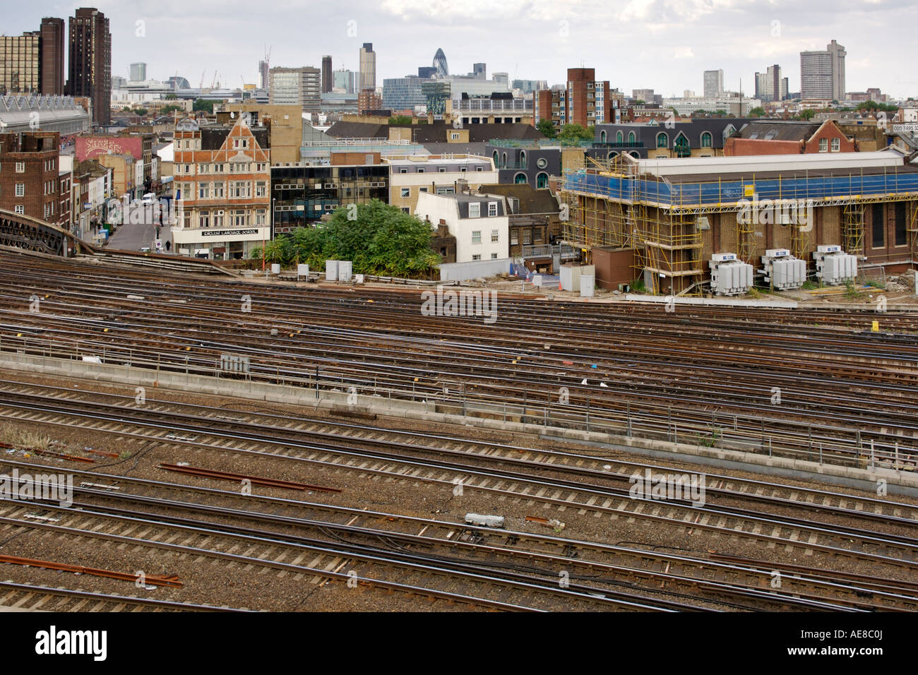 View of rail tracks and skyline near London's Waterloo train station ...