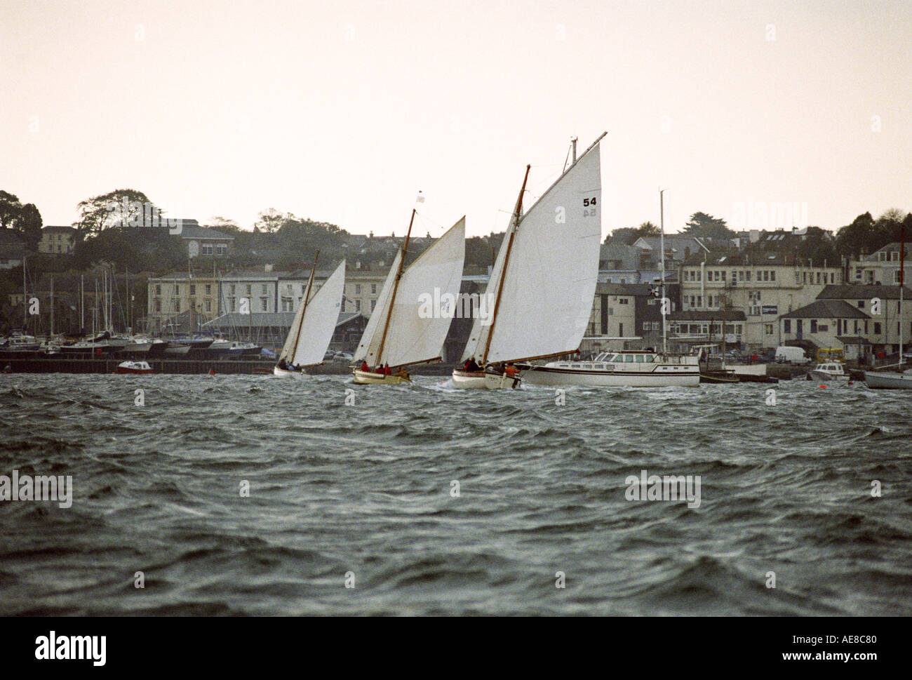 Three Falmouth working boats racing in the harbour Cornwall England ...