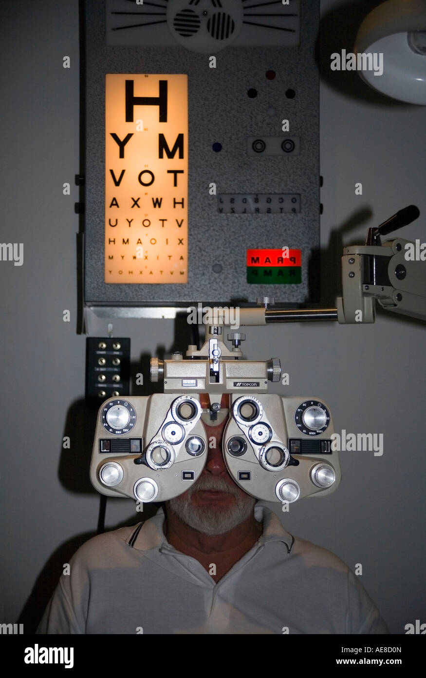 A patient undergoing an eye test with the use of a phoropter and an eye ...