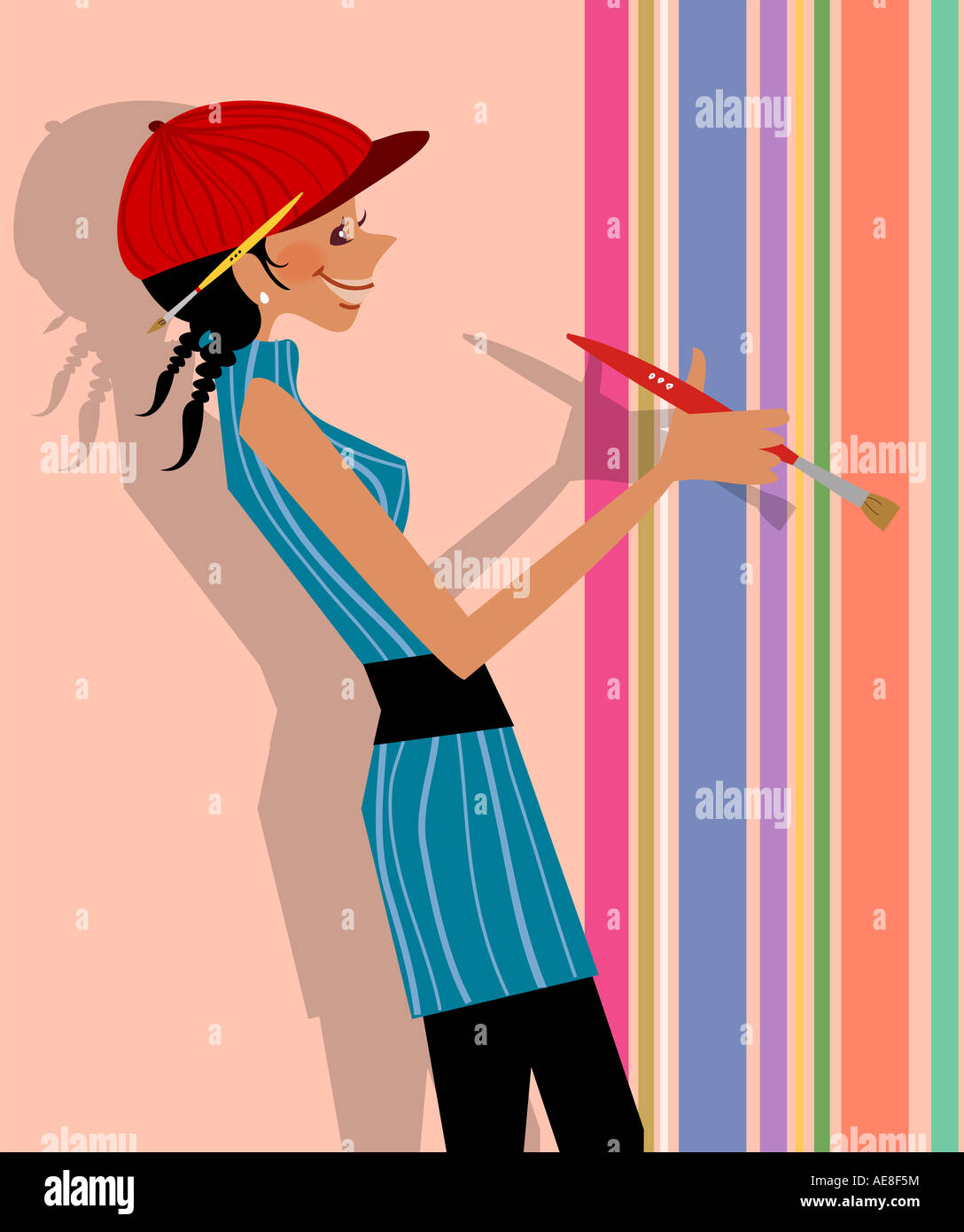 Side profile of a woman painting the wall with a paintbrush Stock Photo ...