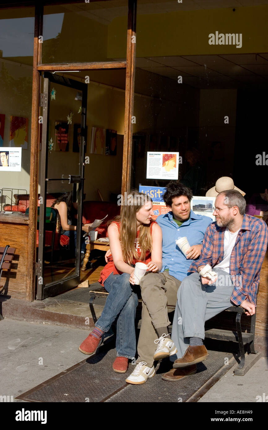 Young people sitting outside the Fall cafe on smith street Brooklyn ny ...
