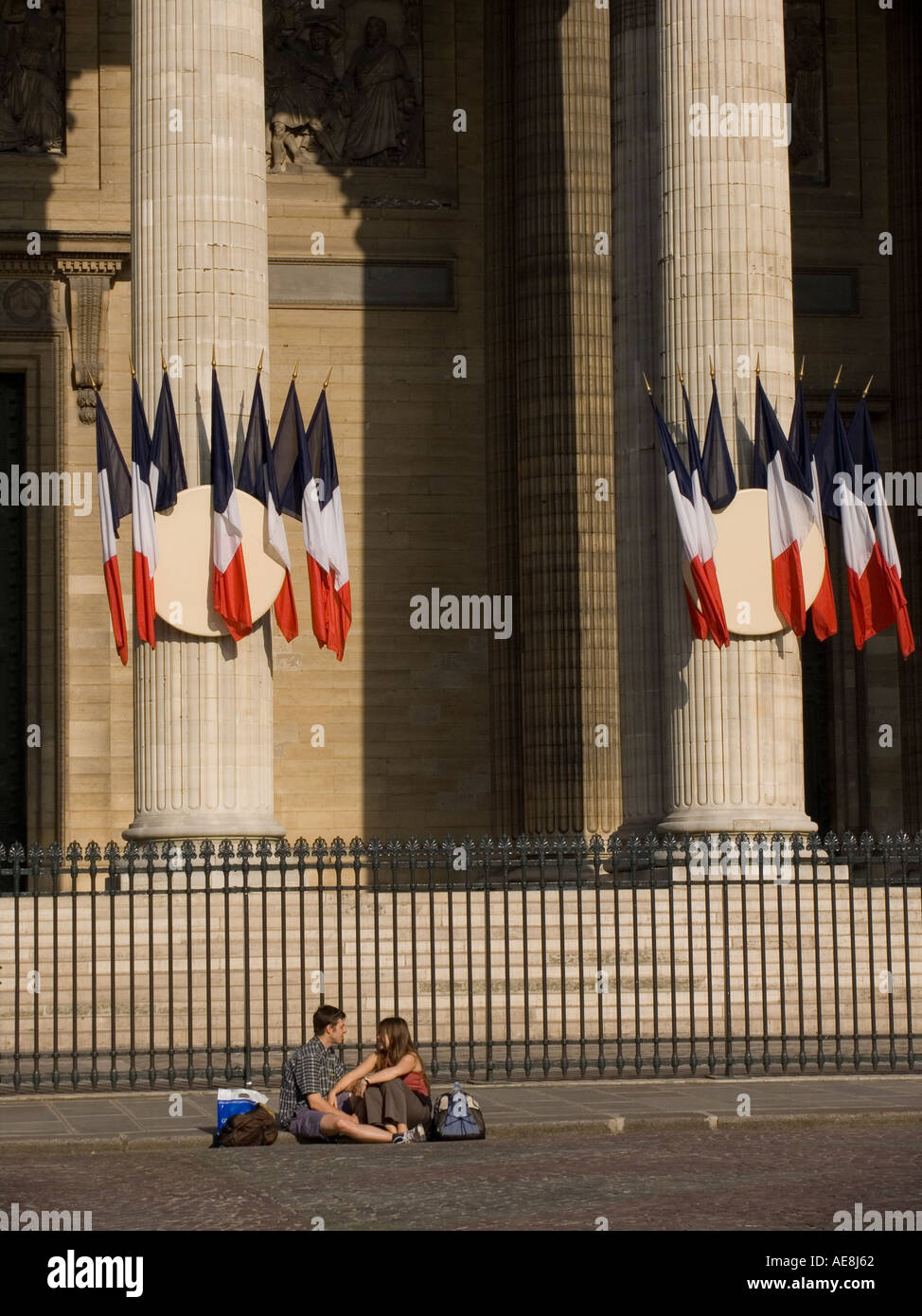French Tri Color flags hang from the columns of the Pantheon Paris ...