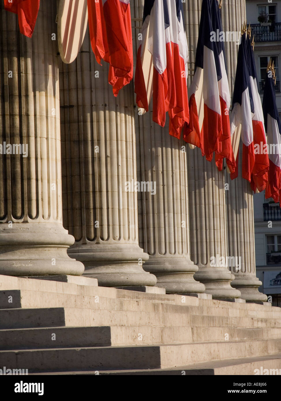 French Tri Color flags hang from the columns of the Pantheon Paris ...