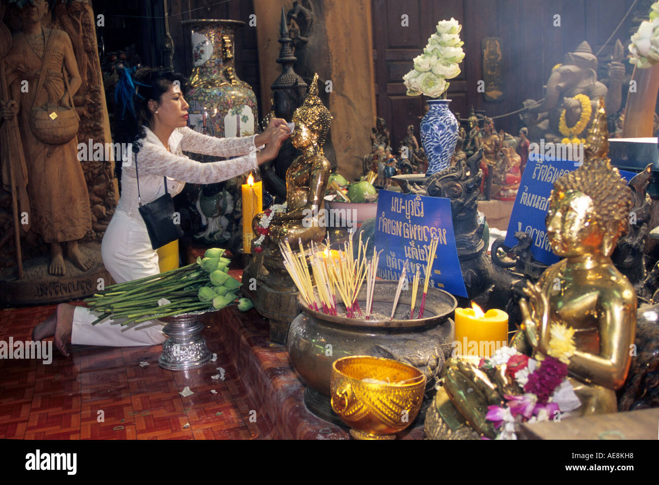 Thai lady making offering at Buddhist temple Bangkok Thailand Stock ...