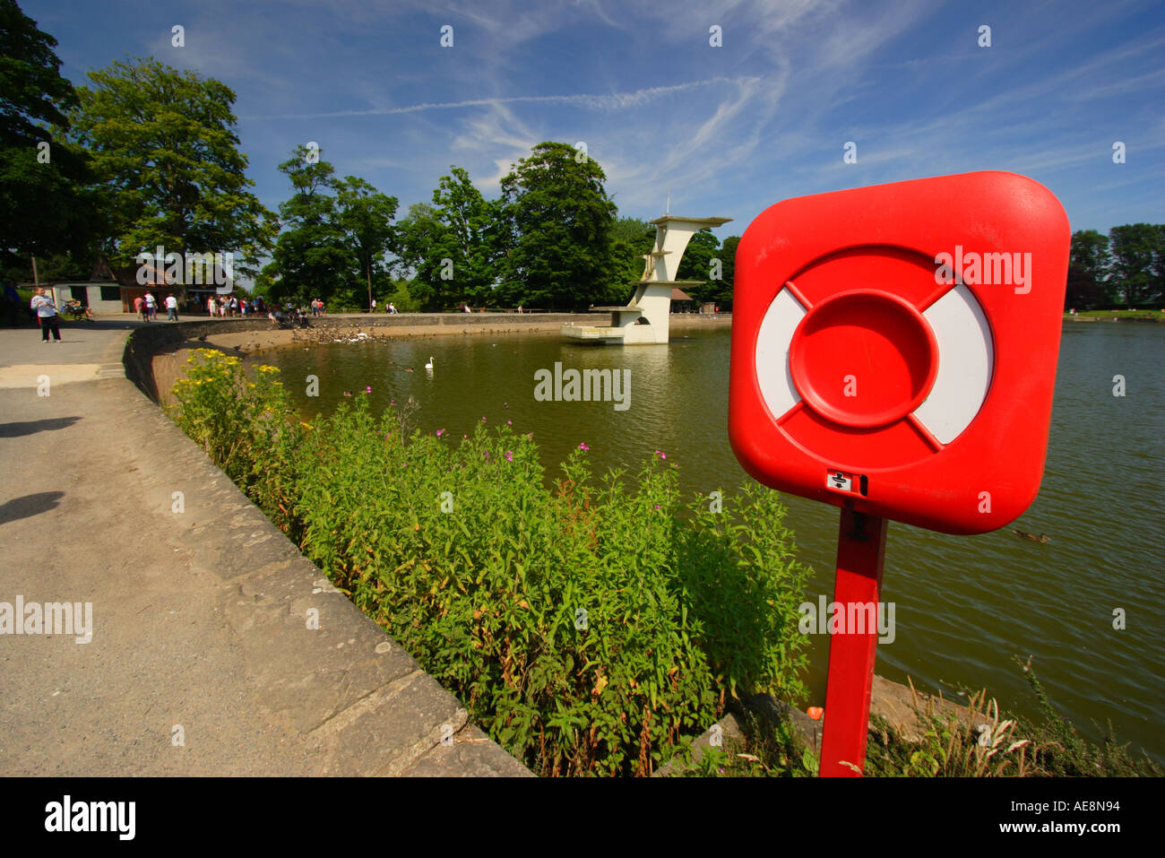 Coate Water country park lake and diving board Swindon Wiltshire Stock ...