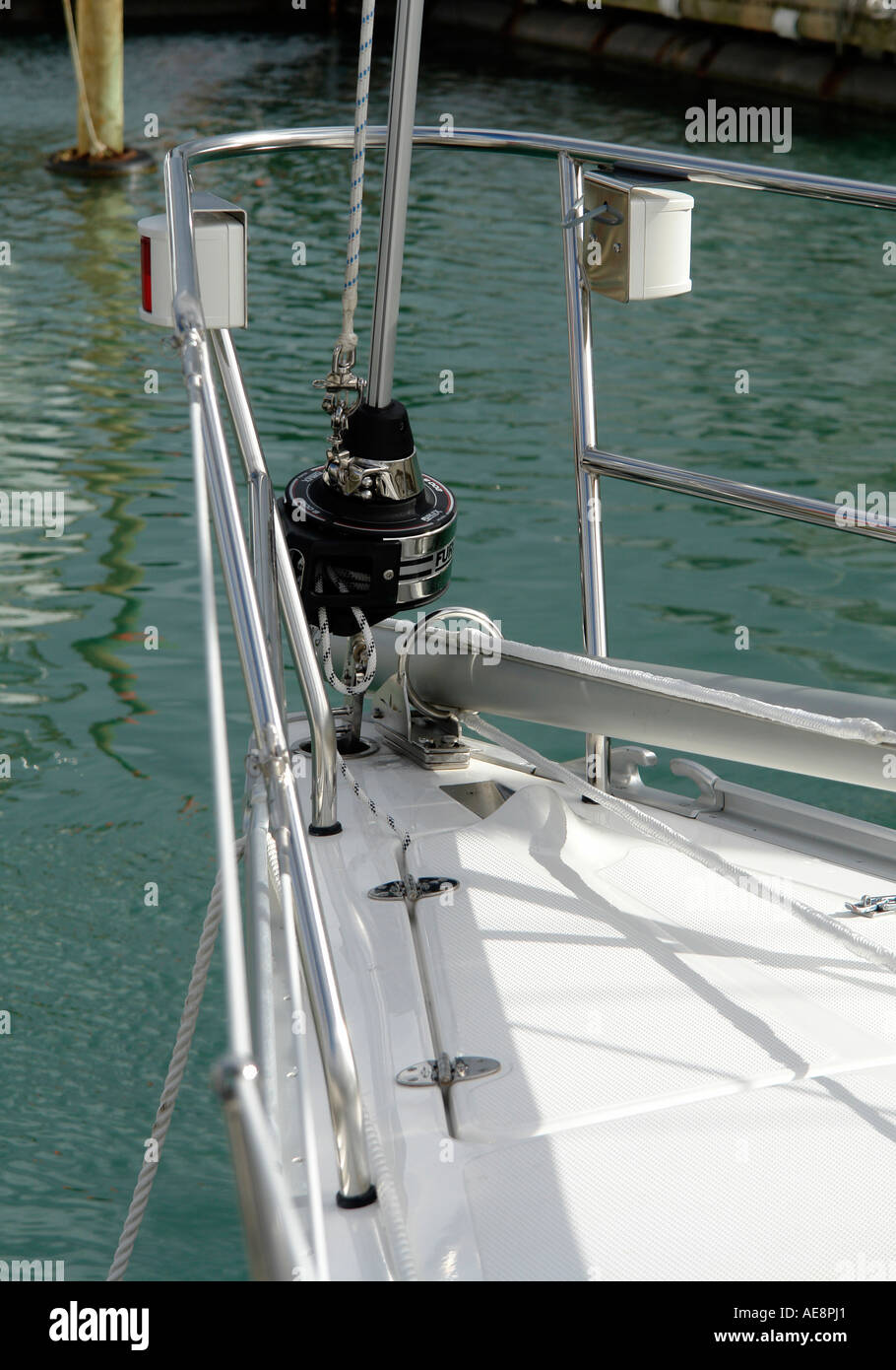Stainless steel foredeck and bow rails on a sailing boat Stock Photo ...