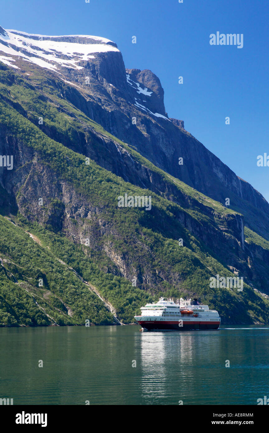 The Hurtigruten coastal ferry MS Finnmarken in Geirangerfjorden near ...