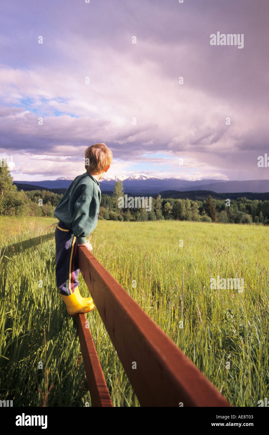 Young boy on fence overlooking field Bulkley Valley BC Canada Stock ...