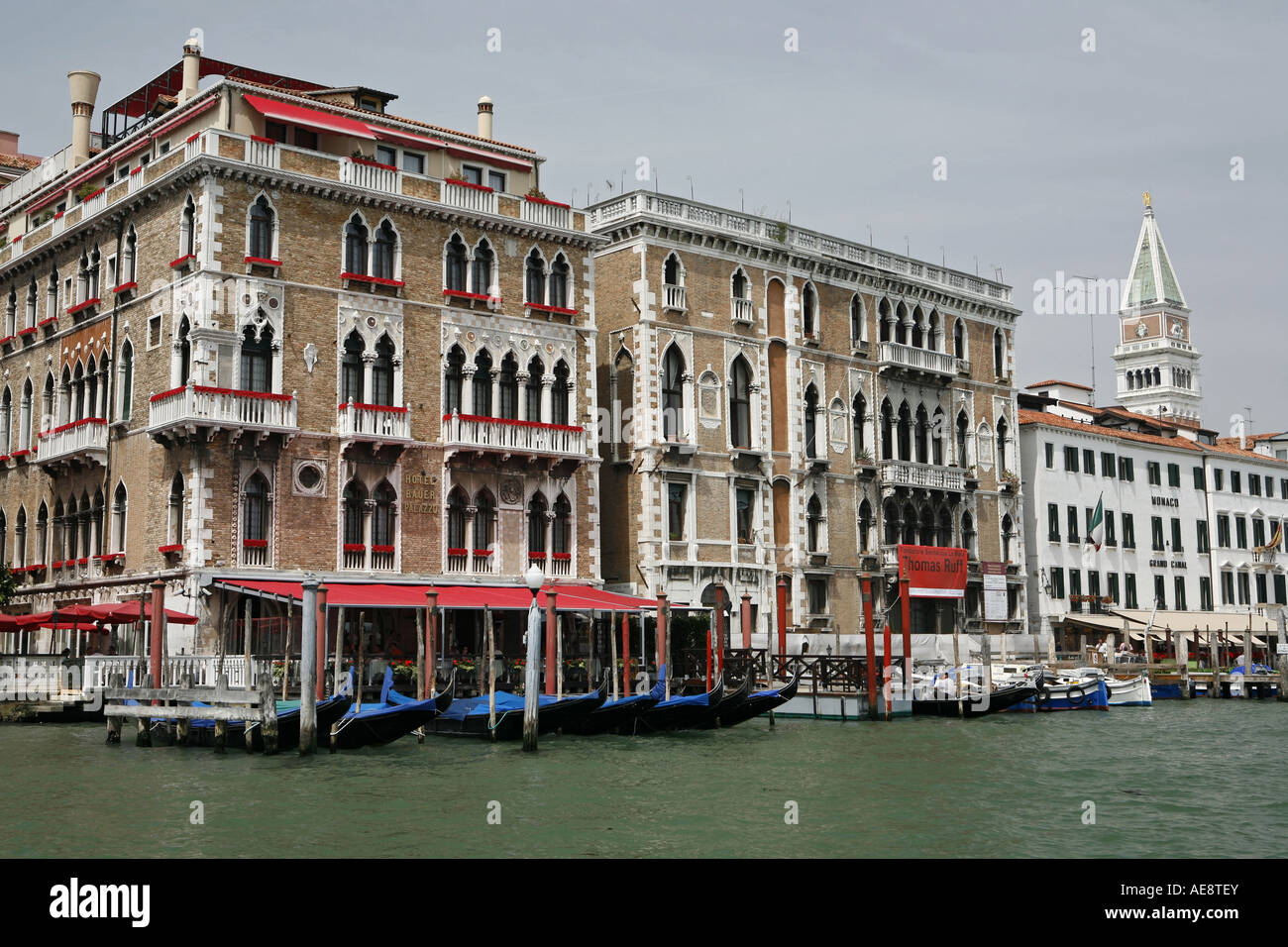 Panoramic view of Grand Canal gondolas palaces and houses in Venice ...
