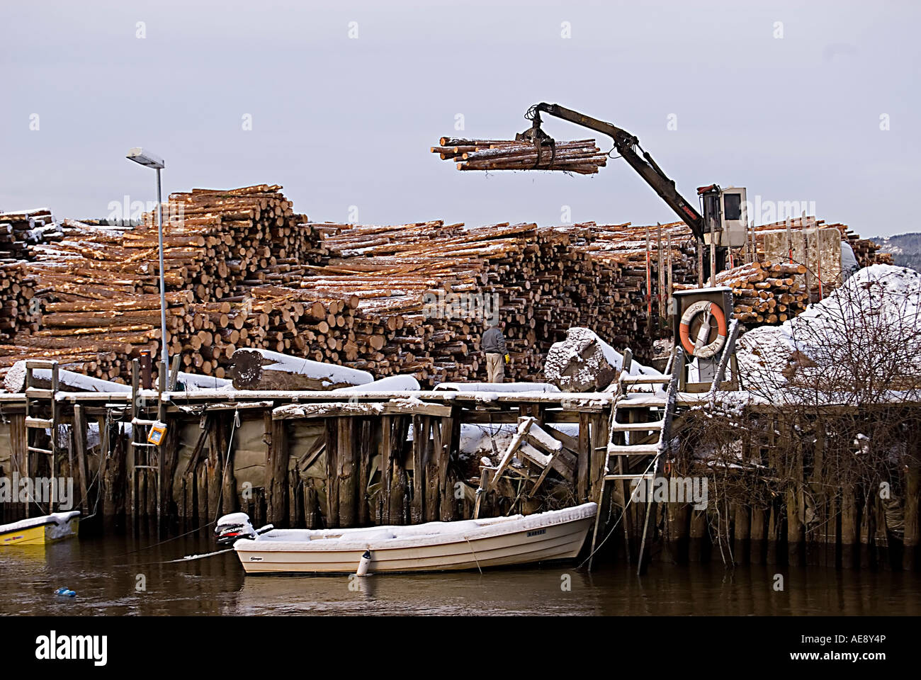 An excavator lifting wood logs by an ocean inlet at the former M ...