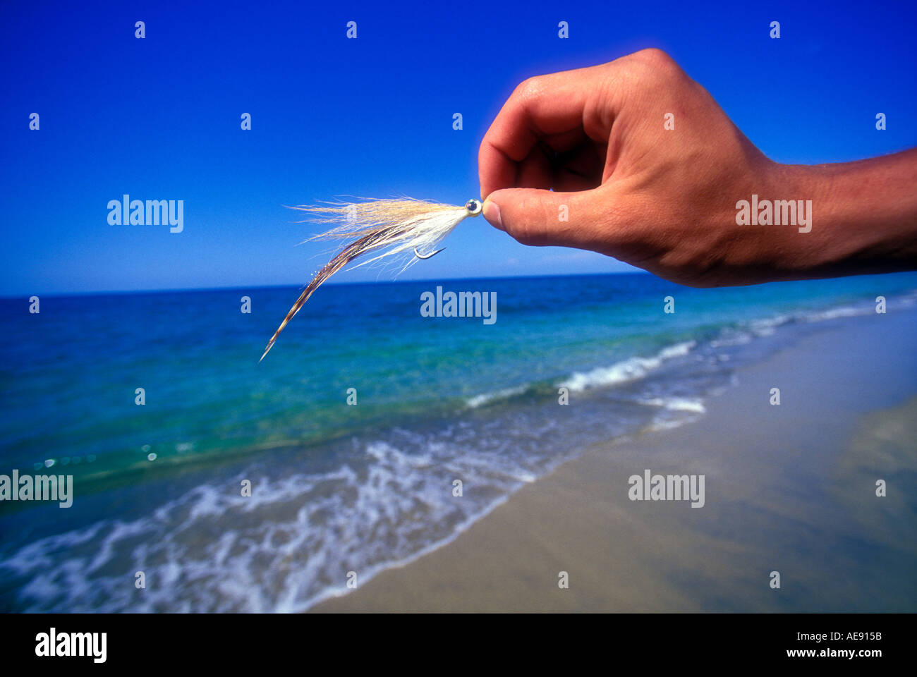 Hand holding fly used for fly fishing with ocean in background Model ...