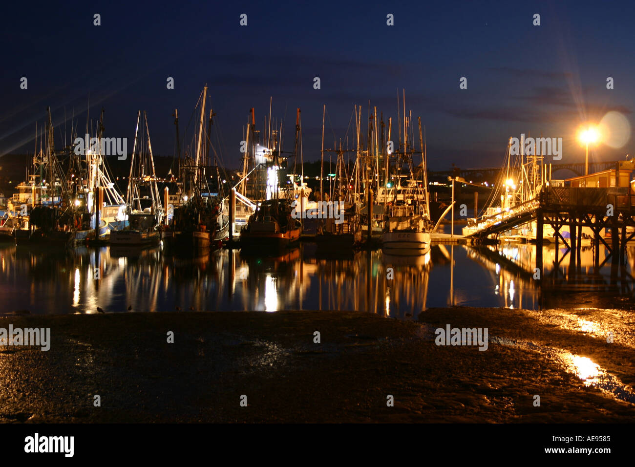 Lighted boats in a dock at night Stock Photo - Alamy