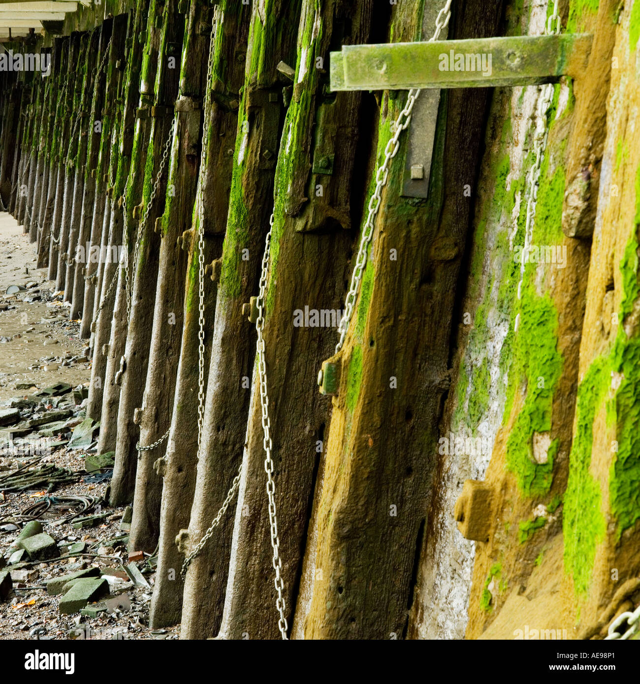Thames wall at low tide support beam detail Stock Photo - Alamy