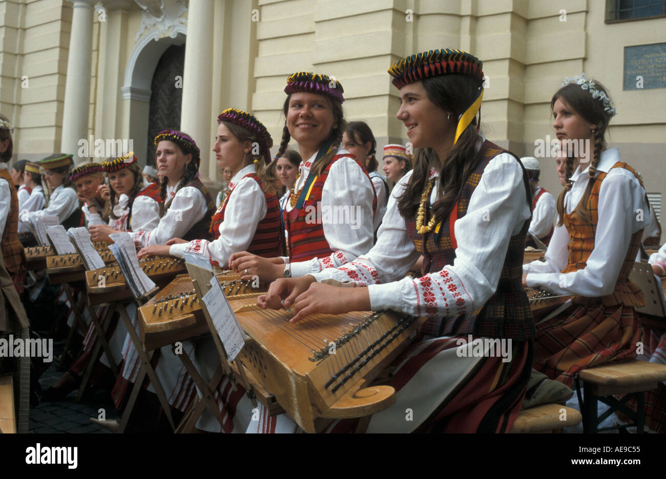 Lithuania Vilnius Lithuanian girls playing the kankles a stringed folk ...