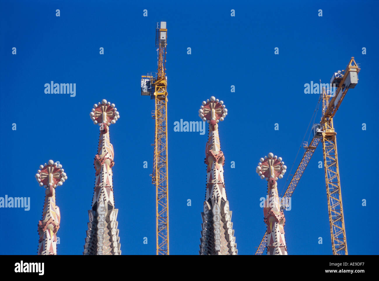 Spires and construction cranes on the Sagrada Familia Barcelona Spain ...