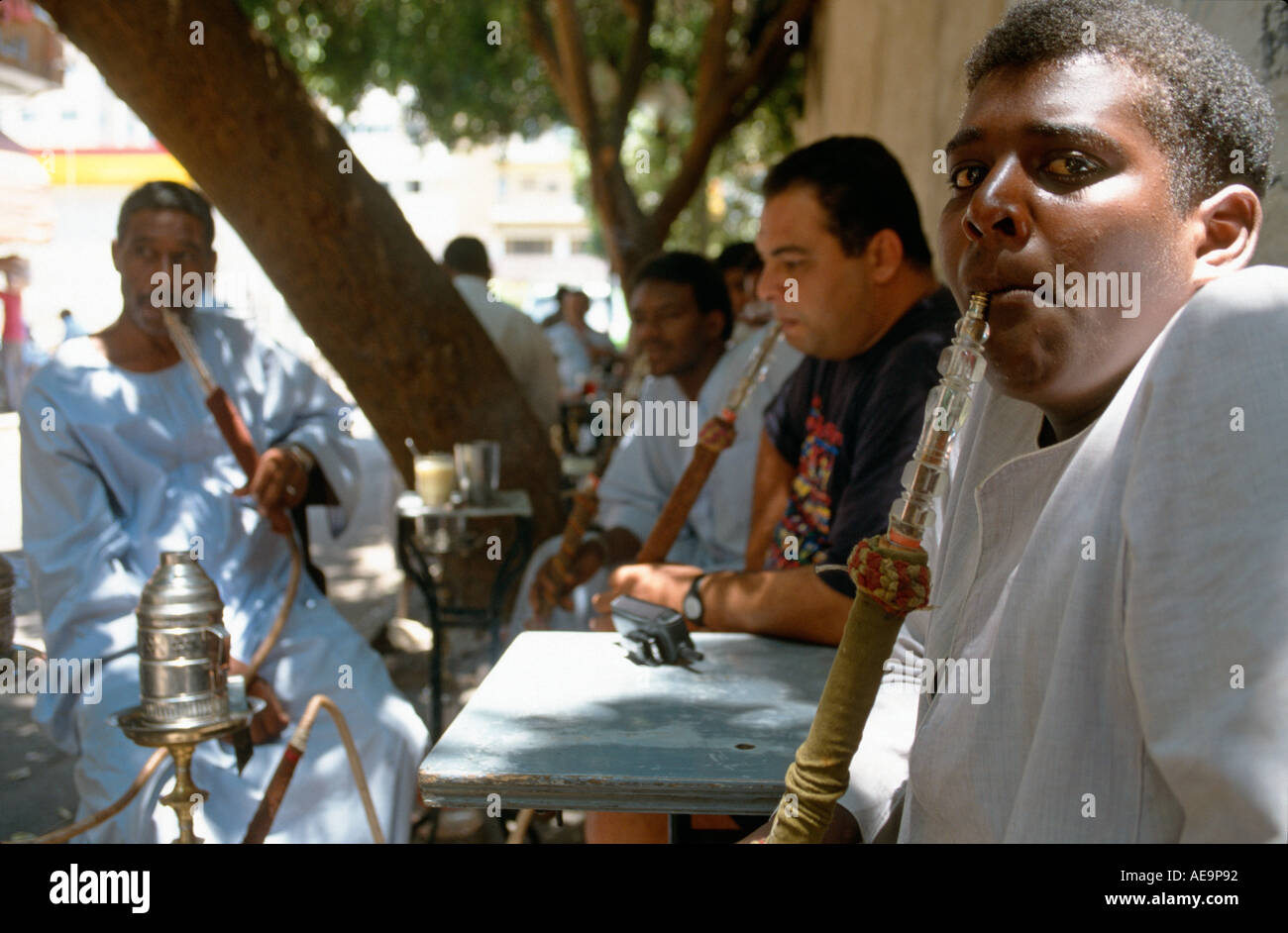 Group of Egyptian men smoking shisha pipes at a street café in the Main ...