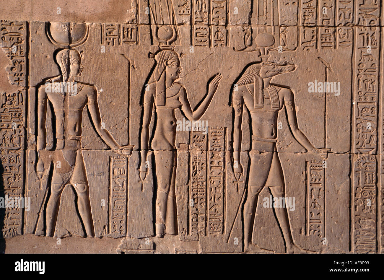 Carved relief on the walls of the Temple of Haroeris and Sobek, Kom ...
