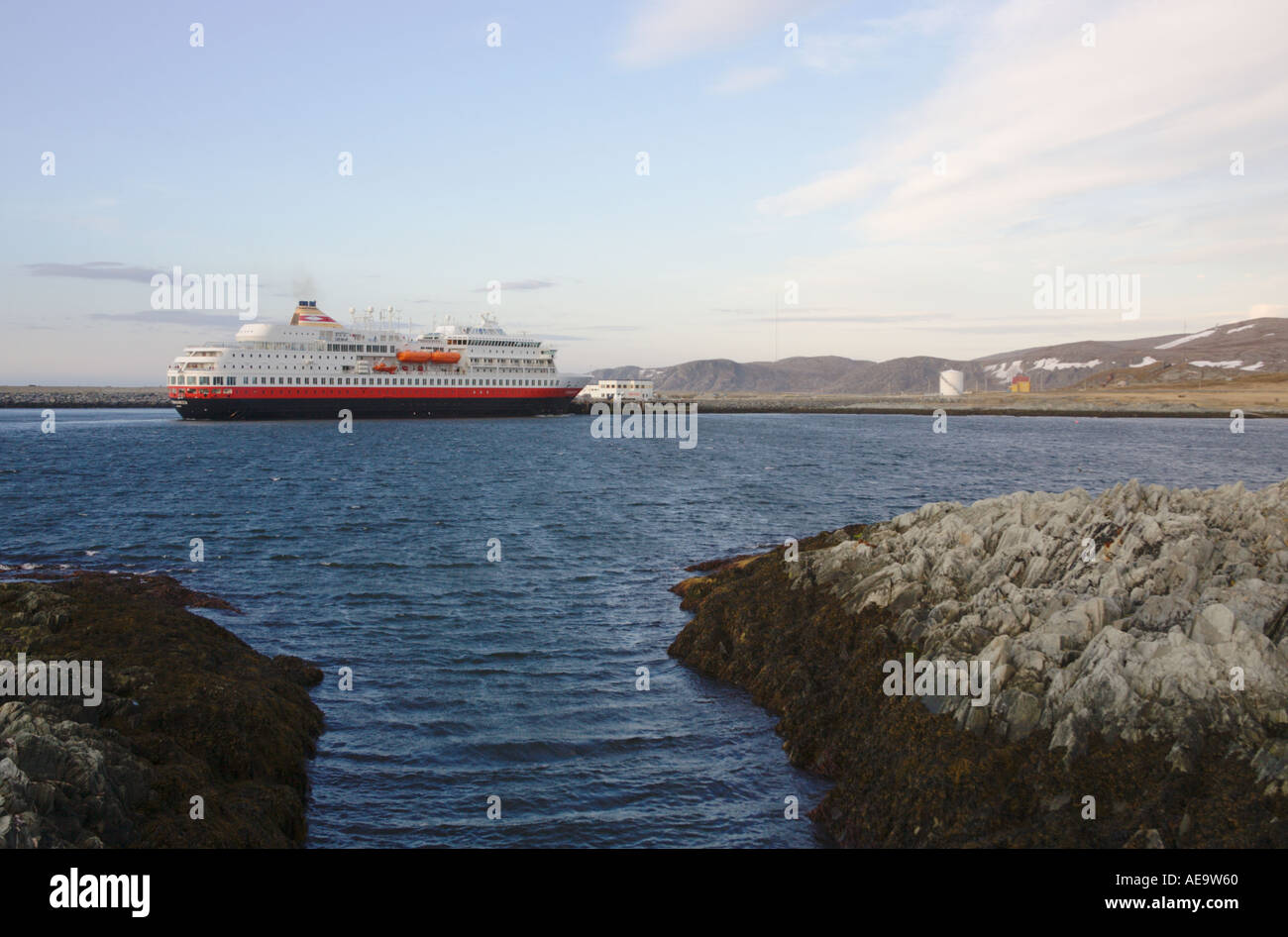 Hurtigrute coastal steamer at Berlevag harbour Finnmark Norway Stock ...