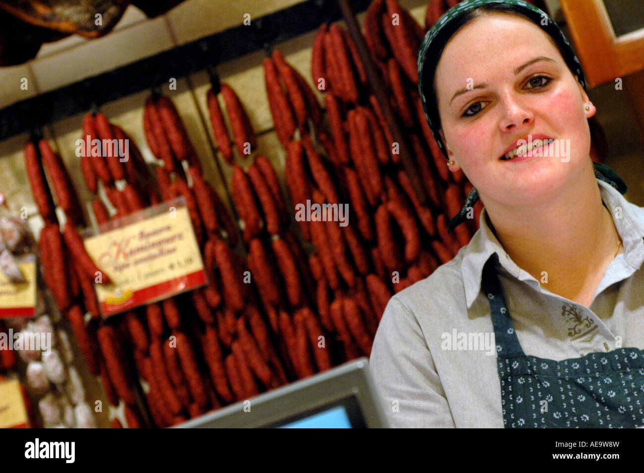 A young shopkeeper in one of Merano's most famous deli shops Stock ...