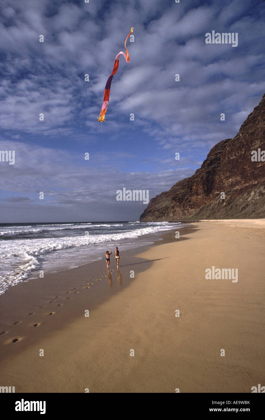 a young married couple, on their honeymoon in Hawaii, fly a kite on the ...
