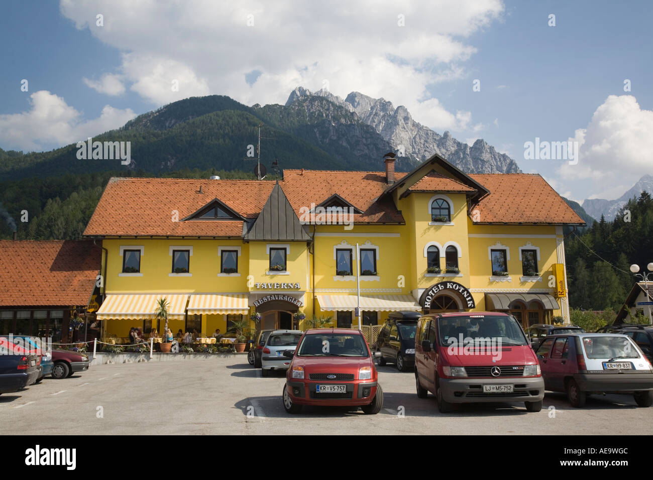 Kranjska Gora Slovenia. Hotel Kotnik with bar in small Alpine resort ...