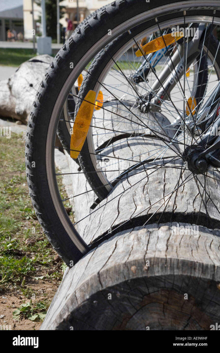Bikes in wooden bike rack made from natural carved tree trunk Stock ...